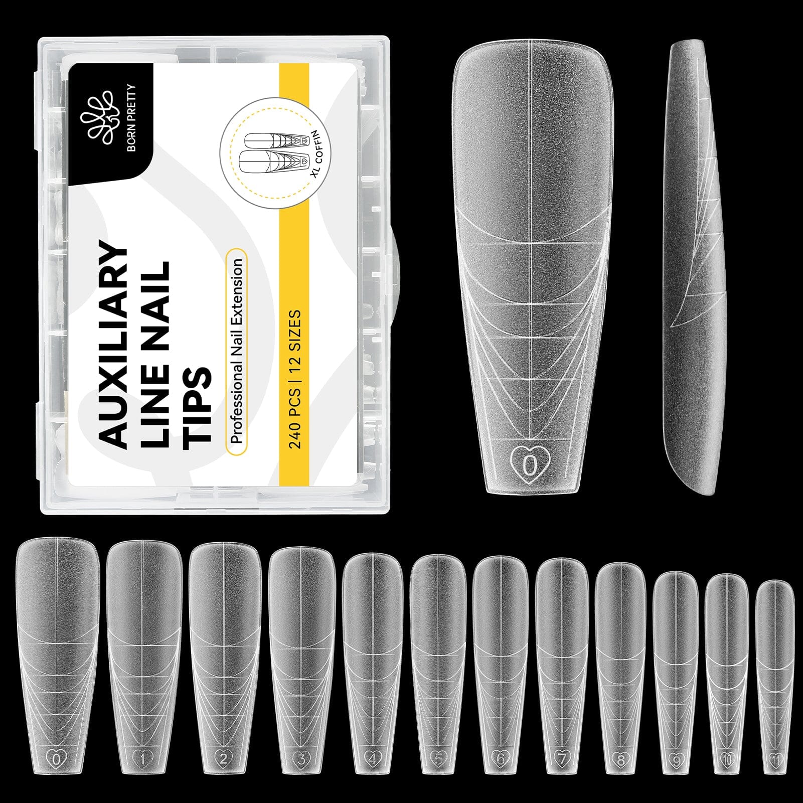 240pcs Full Cover XL Coffin Auxiliary Line Nail Tips 12 Different Size ...